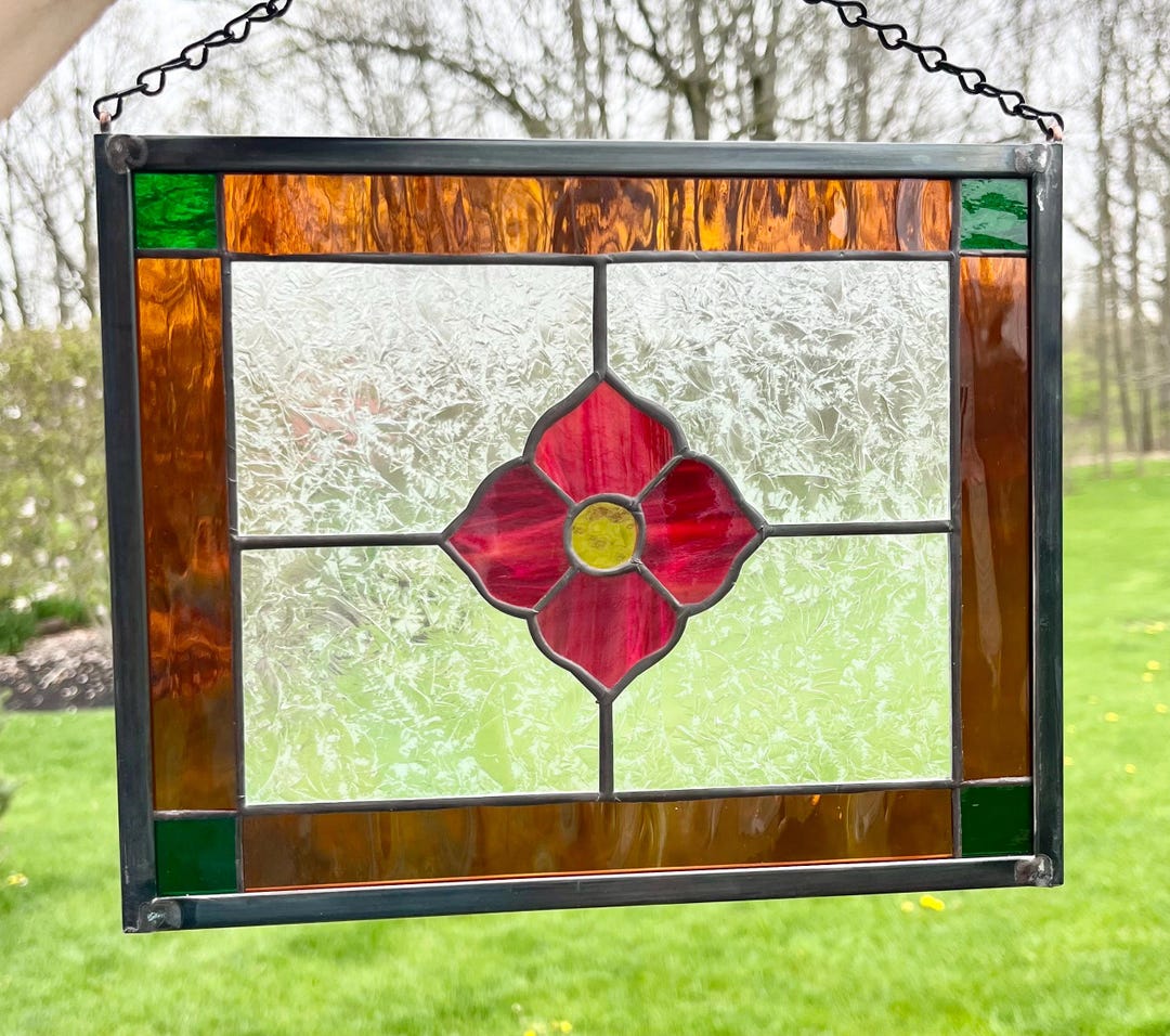 Stained Glass Window Panel: Red Petunia Design, Antique Zinc Frame - Etsy
