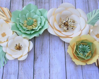 Yellow Paper Flowers Wall Decor Green Paper Flowers | Etsy
