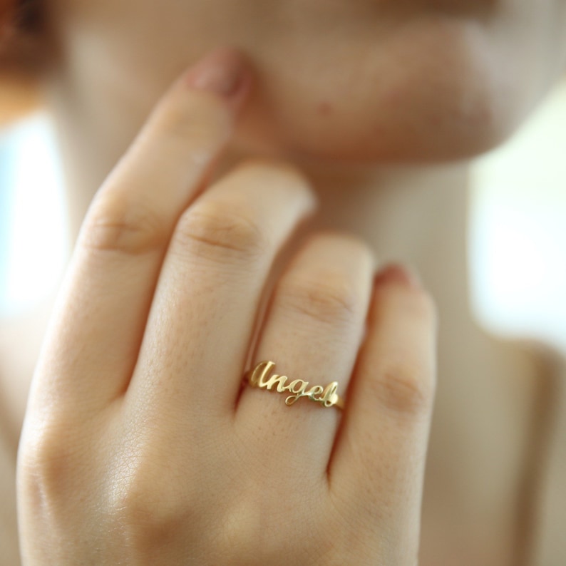 14K Solid Gold Name Ring-dainty Name Ring Custom Stacking | Etsy