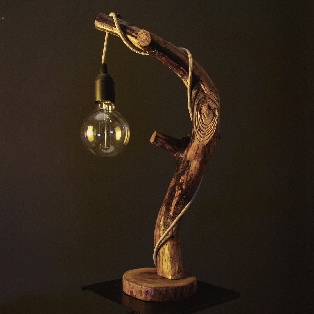 Driftwood Table Lamp Unique Wood Lamp Handcrafted Lighting Fabric Cable ...