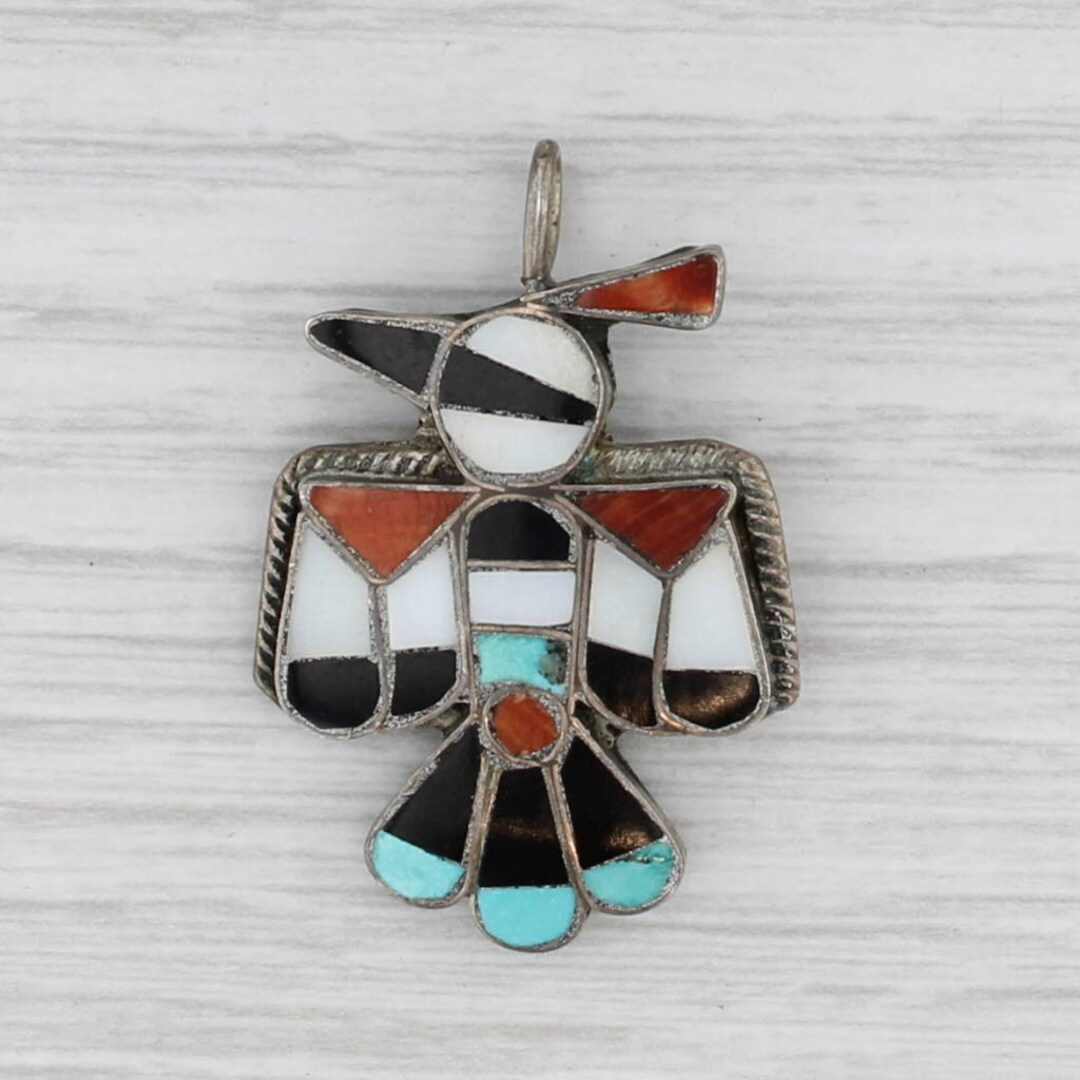 Native American Thunderbird Pendant Sterling Silver Stone Mosaic Zuni ...