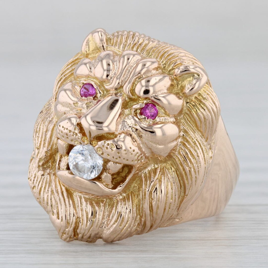 Cubic Zirconia Lab Created Ruby Lion Ring 10k Yellow Gold Size 11.25 ...