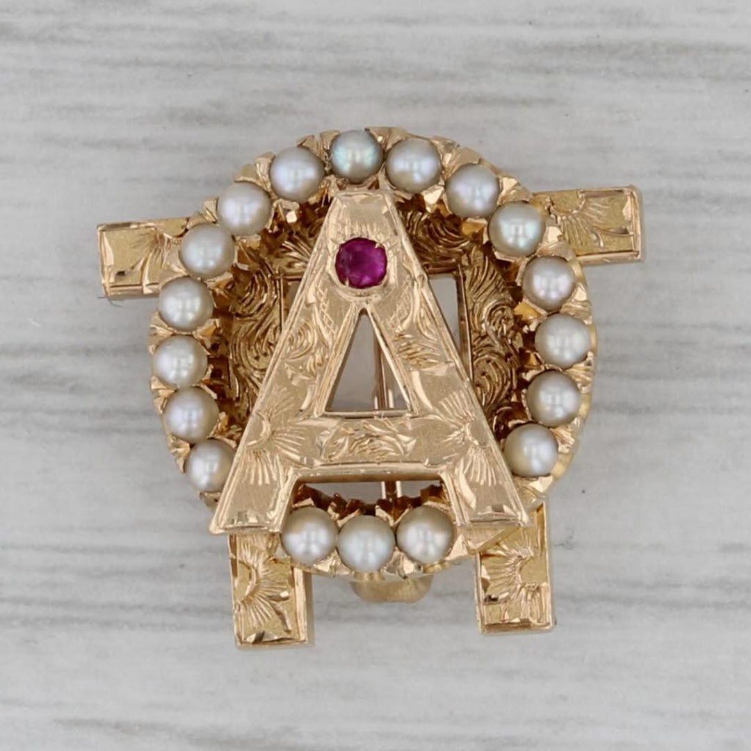 Alpha Omicron Pin 14K Gold Pearl Ruby Vintage Sorority Badge - Etsy