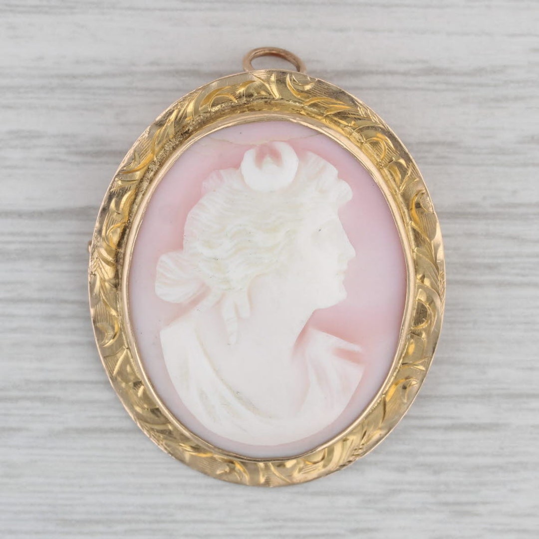 Vintage Carved Pink Shell Cameo Brooch Pendant 14k Yellow Gold Pin - Etsy