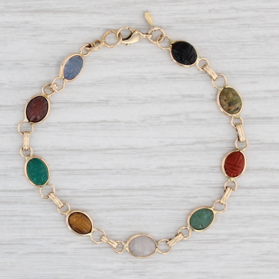 Carved Stone Scarabs Bracelet 14k Gold Chalcedony Onyx Aventurine ...