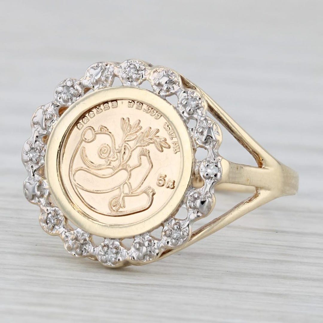 Diamond Framed Chinese Panda Coin Copy Signet Ring 10k Yellow Gold Size ...