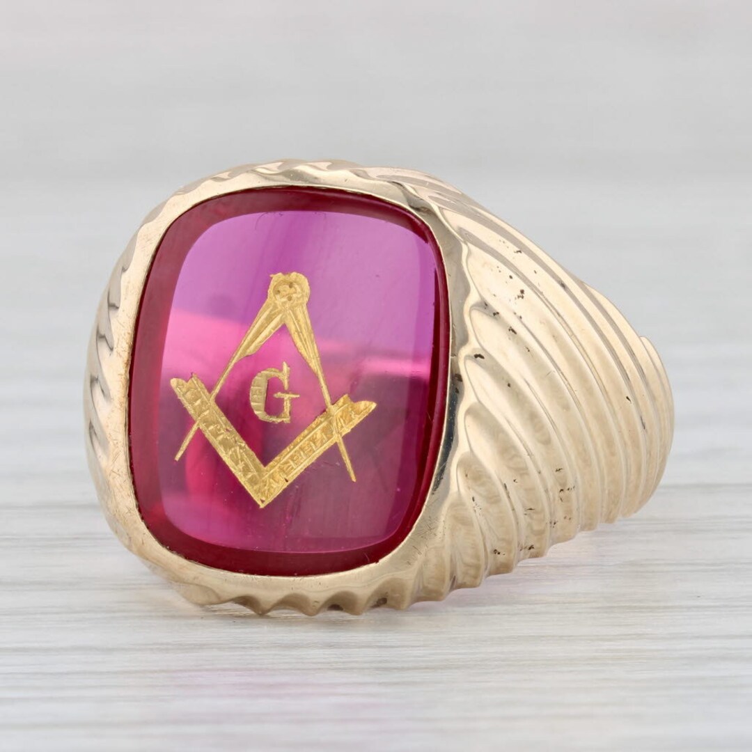 Lab Created Ruby Masonic Signet Ring 10k Yellow Gold Square - Etsy