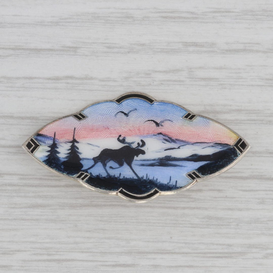 Vintage Norwegian Guilloche Enamel Moose Brooch Sterling Silver Meldahl ...