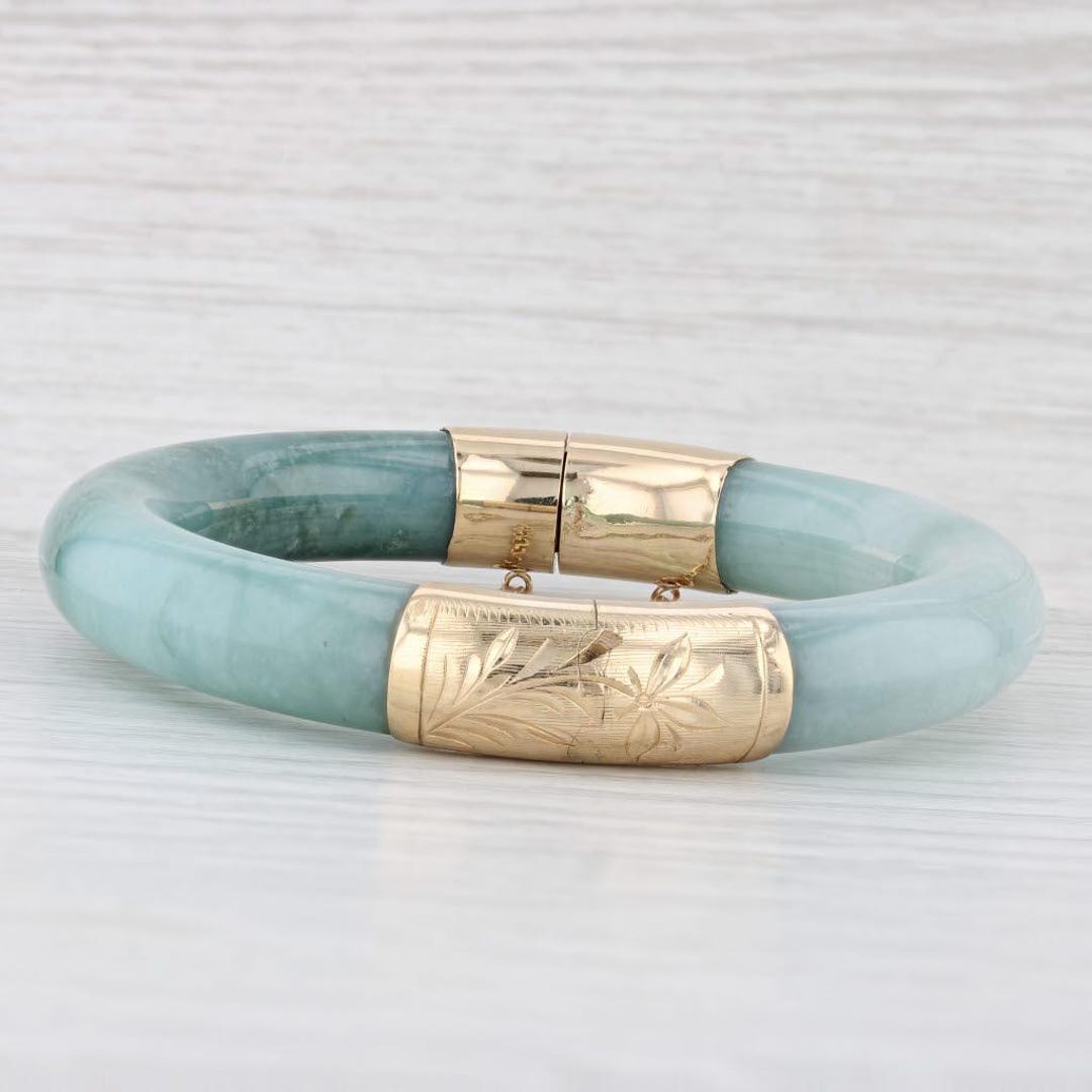 Green Jadeite Jade Engraved Flowers Bangle Bracelet 14k Yellow Gold 7. ...