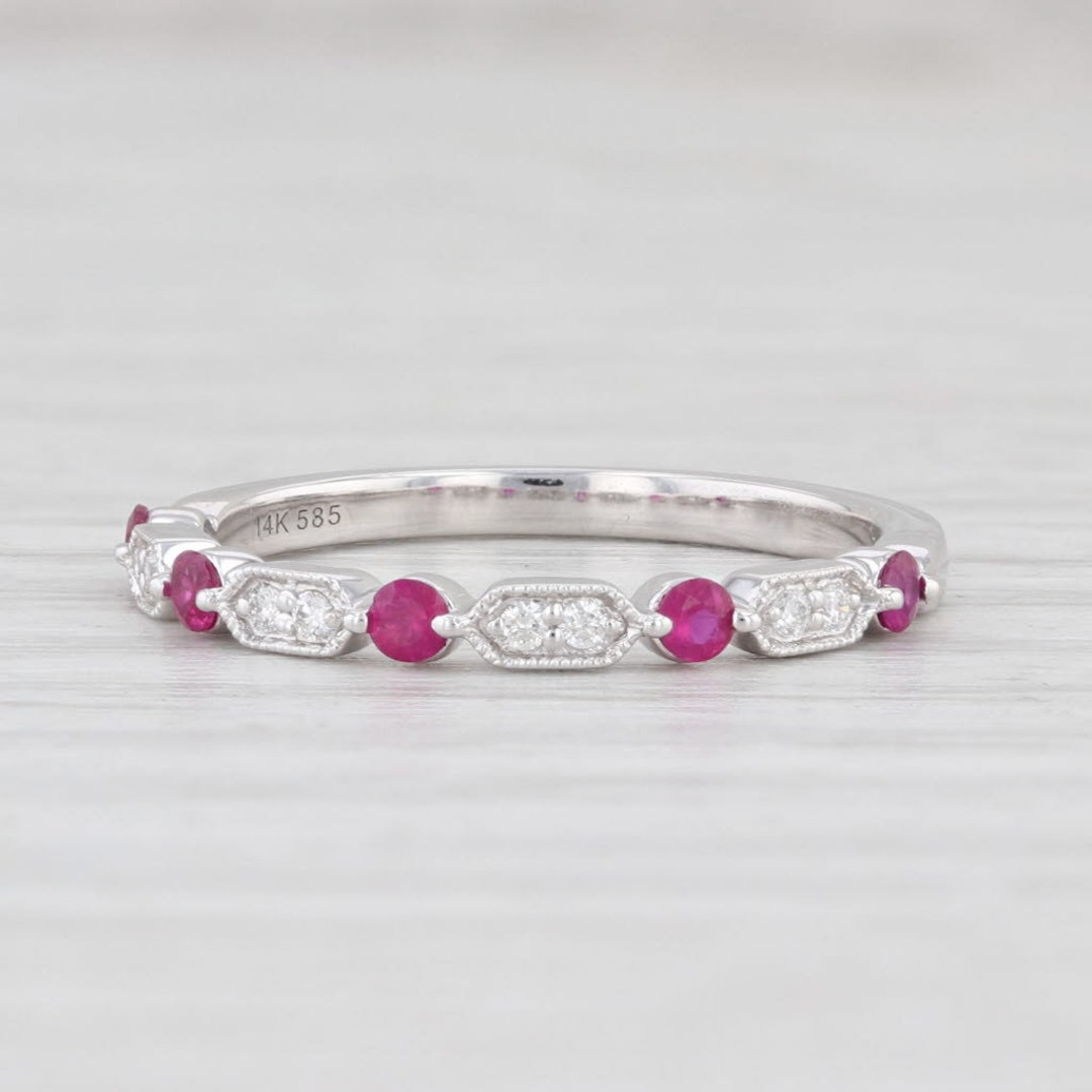 New 0.25ctw Diamond Ruby Stackable Ring 14k White Gold Size 6.5 Wedding ...