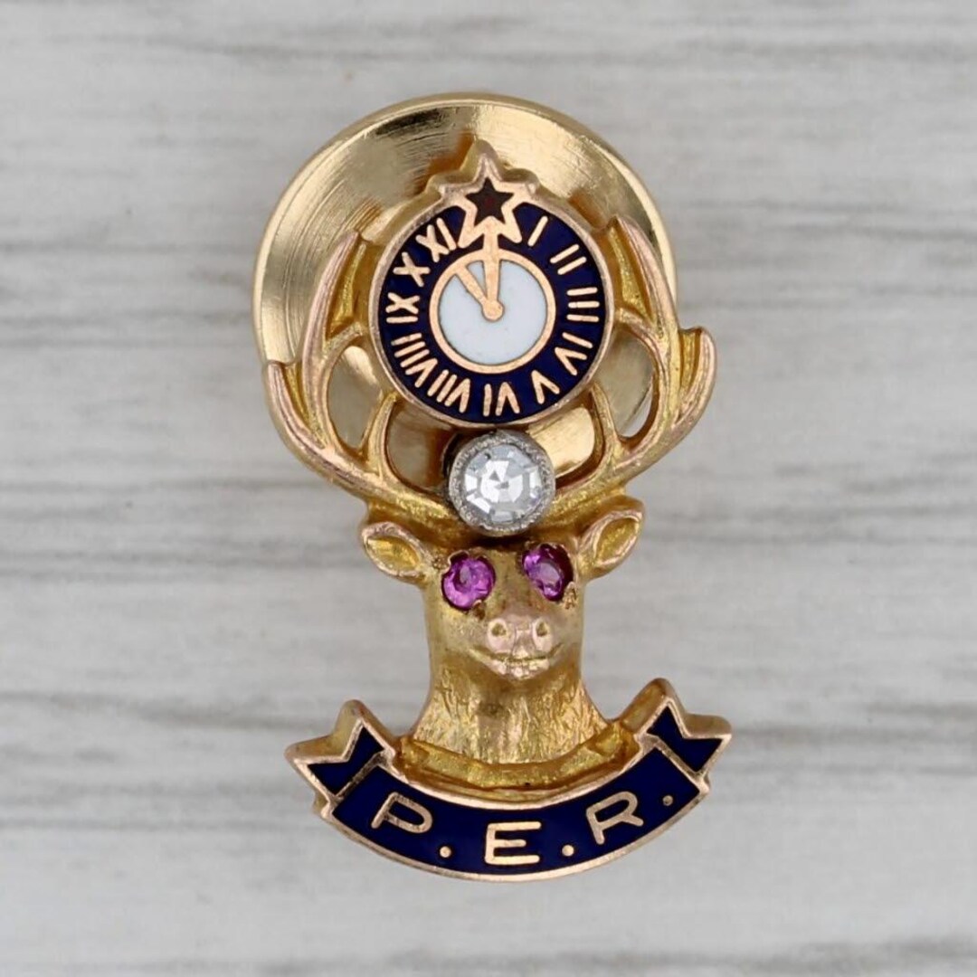 Fraternal Order of Elks Pin 10k Gold Lab Created Ruby Diamond Vintage ...