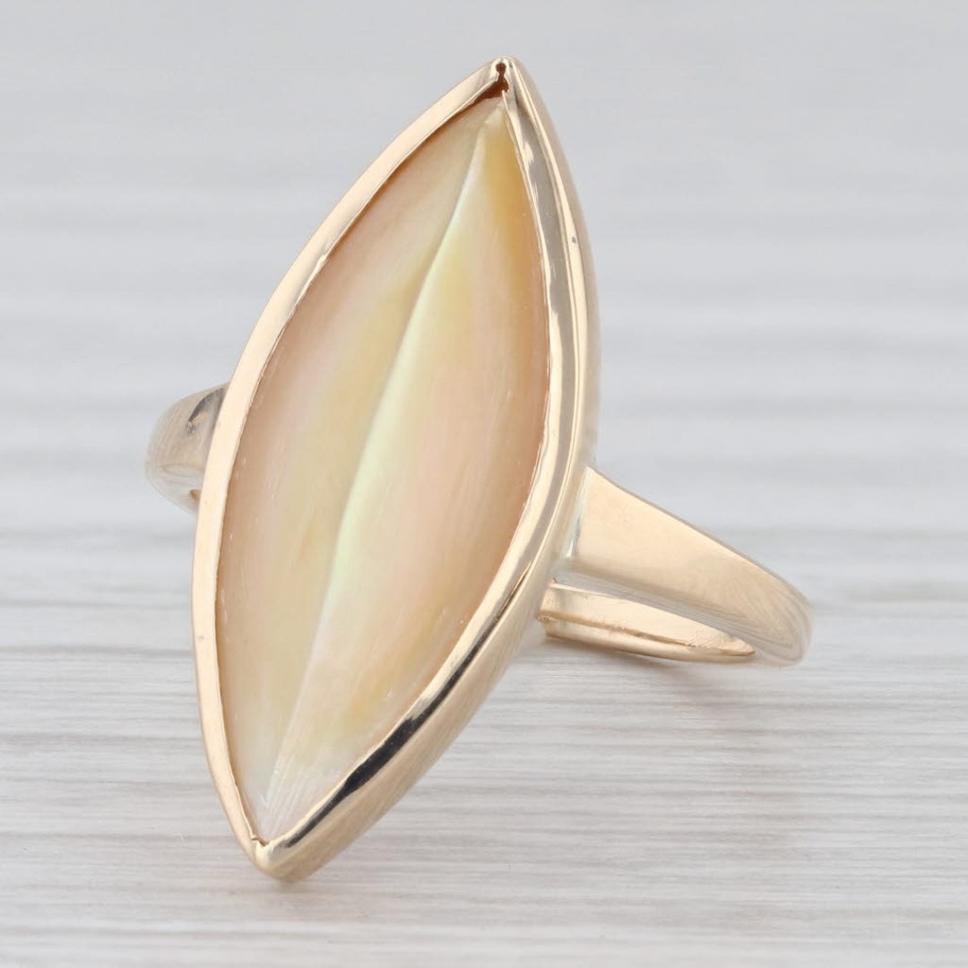Cellini Mother of Pearl Navette Ring 14k Yellow Gold Size 5.5 Cabochon ...