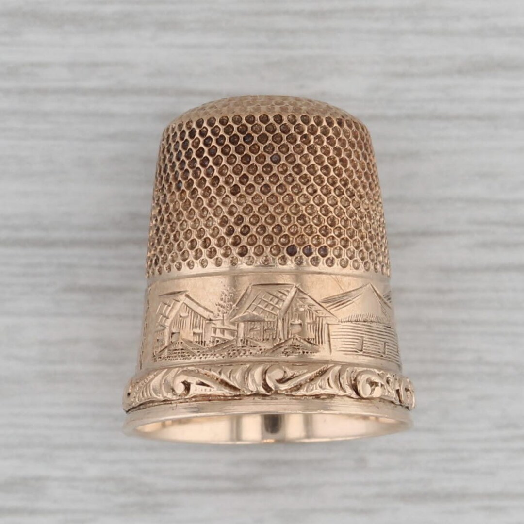 Antique Thimble Size 6 10k Yellow Gold Mountain Village Scene Sewing ...