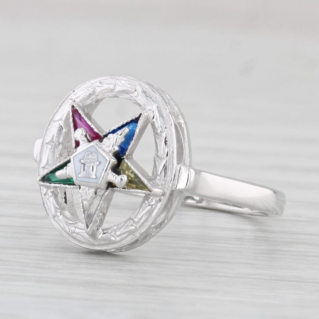 Order Eastern Star Ring 10k White Gold Glass Masonic OES Signet Ring ...