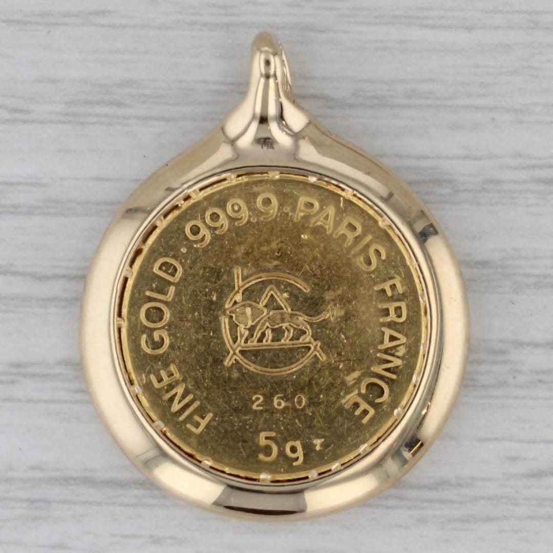 Paris France 24k Fine Gold Coin Pendant 14k Bezel 999 Yellow Gold 5 ...