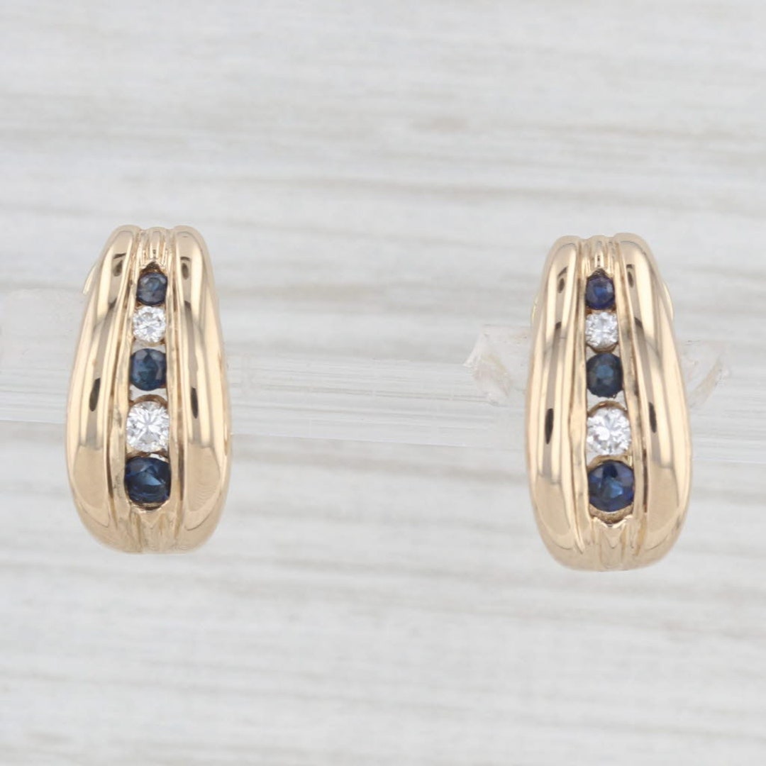 0.46ctw Blue Sapphire Diamond J-hook Earrings 14k Gold Drops Omega ...