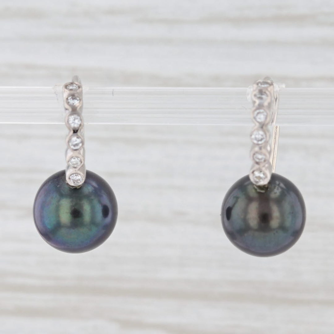 Gray Cultured Pearl Diamond Drop Earrings 14k White Gold Pierced Hook ...