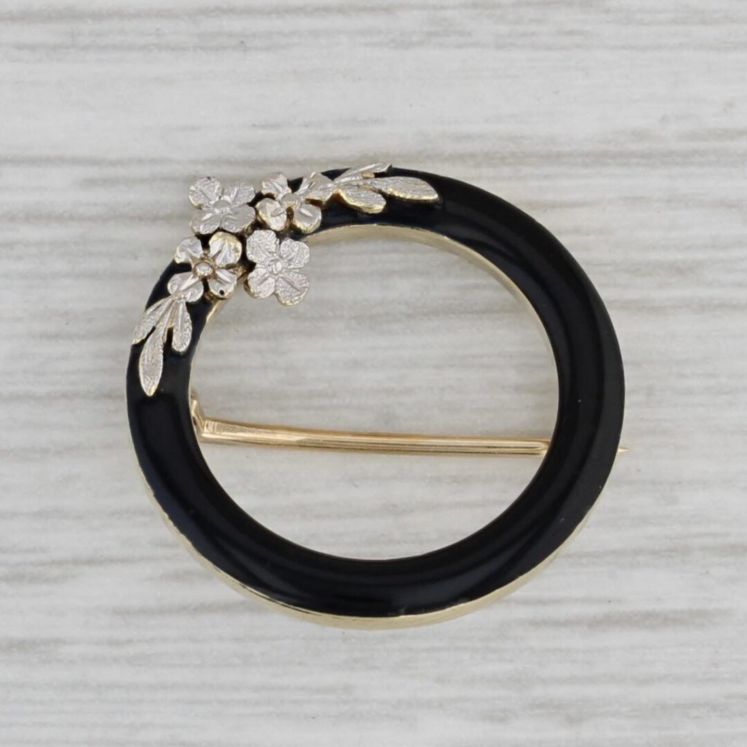 Vintage Flower Circle Pin 14k Yellow Gold Black Enamel Krementz - Etsy