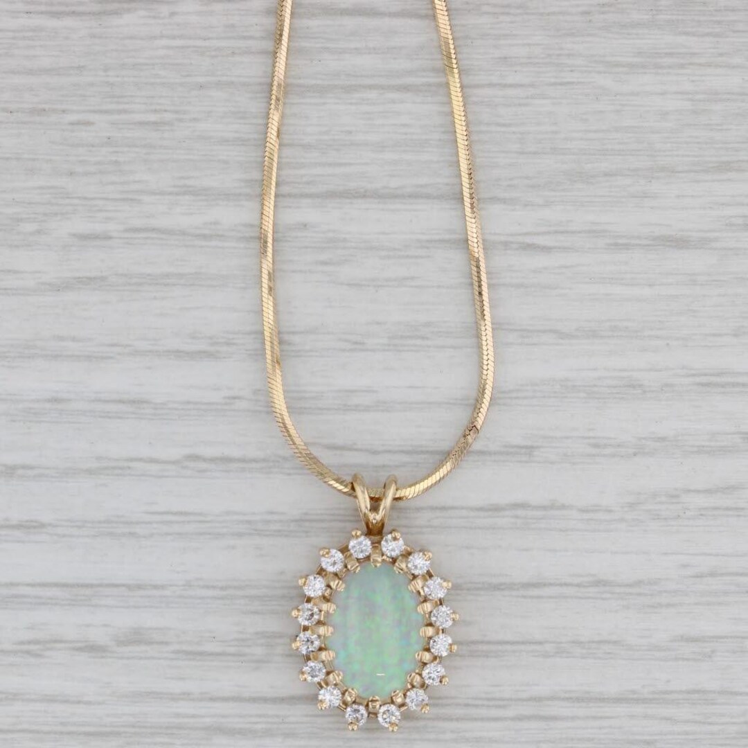 Opal Cabochon Diamond Halo Pendant 14k Yellow Gold 18" Snake Chain - Etsy