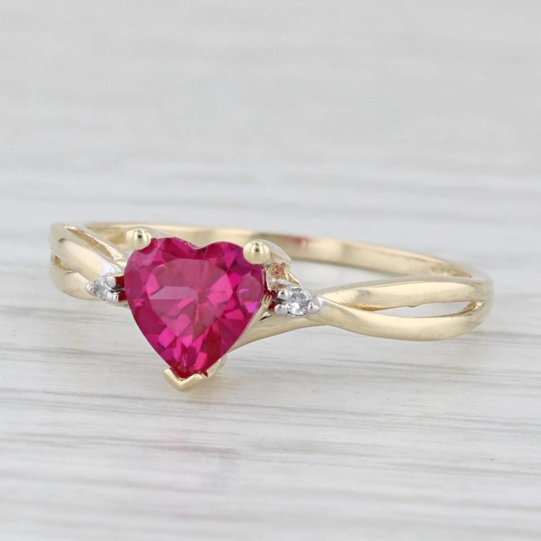 Lab Created Ruby Heart Diamond Ring 10k Yellow Gold Size 7.25 - Etsy