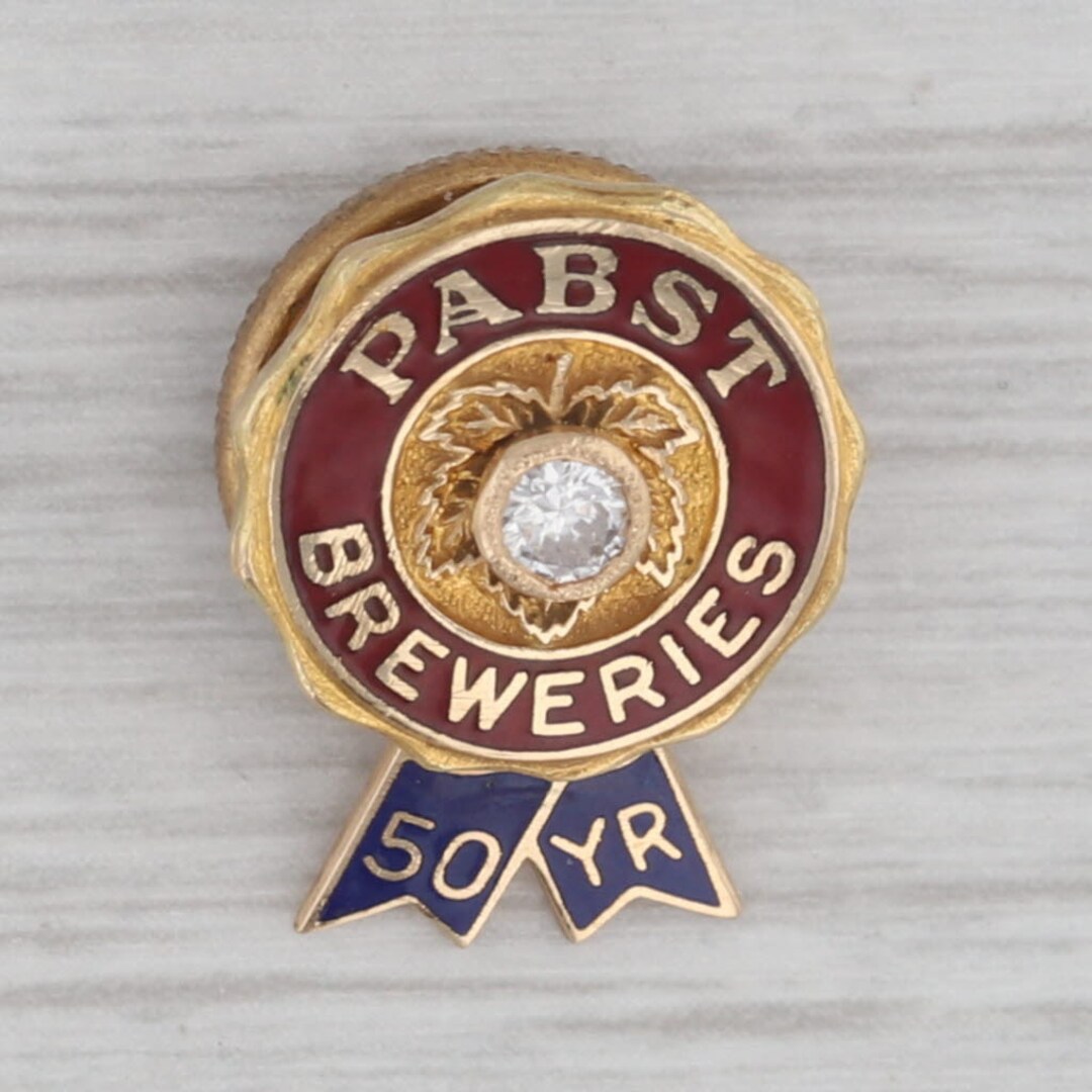 Vintage Pabst Blue Ribbon 50 Year Service Pin Diamond 14k Gold Enamel ...