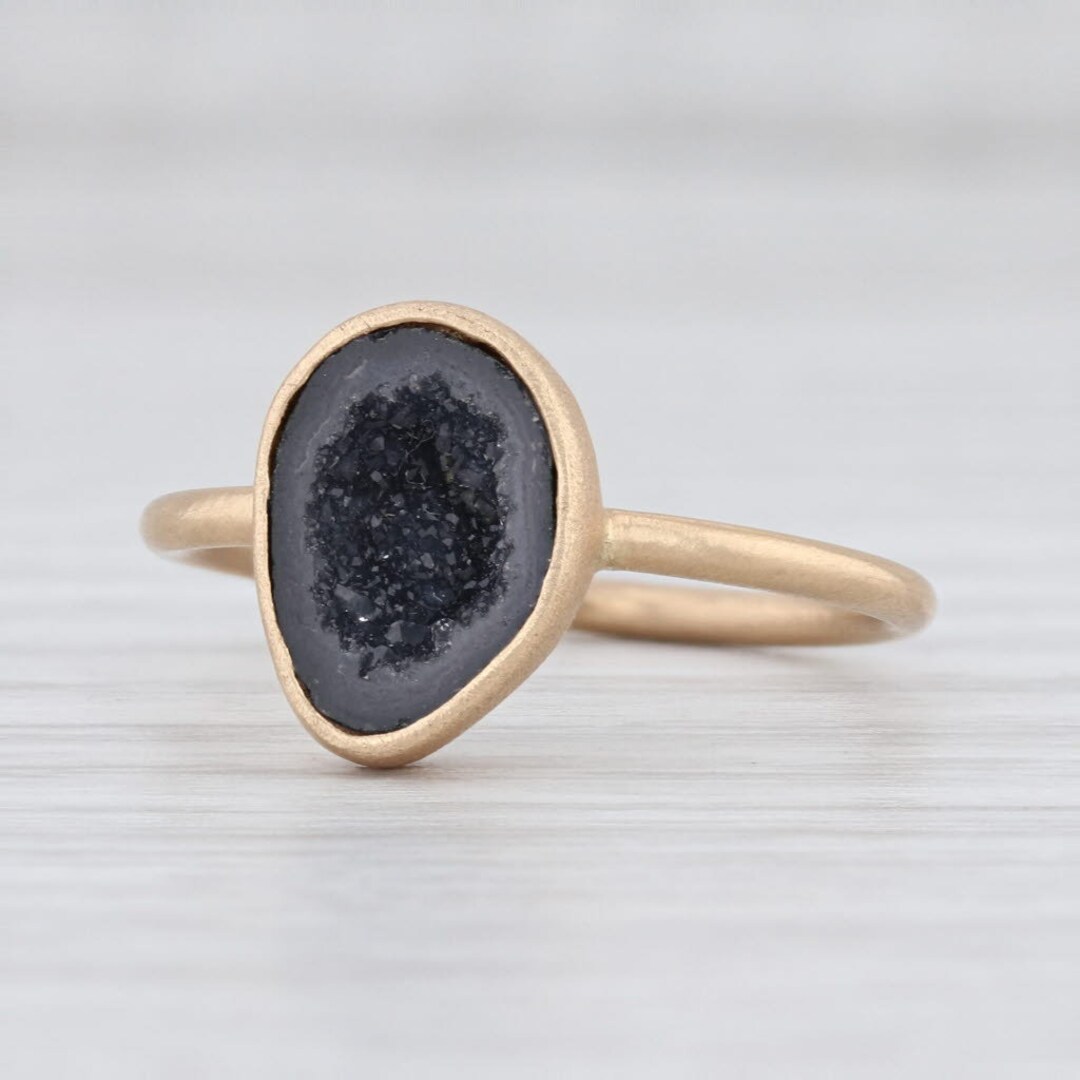 Druzy Quartz Ring, 18k Gold Ring, Solitaire Ring, Size 7 Ring, Black ...