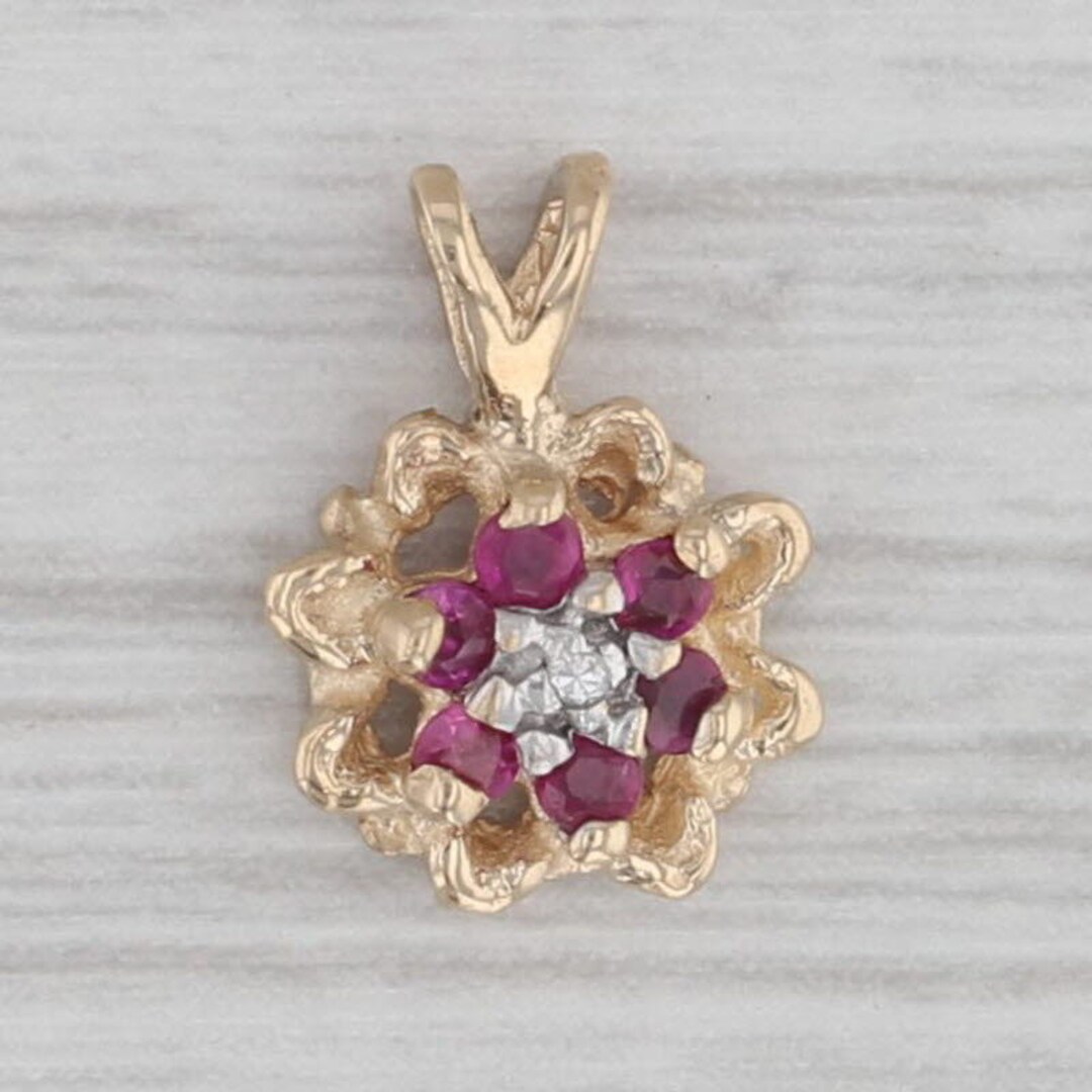 0.12ctw Ruby Diamond Flower Pendant 10k Yellow Gold Small Floral Drop - Etsy