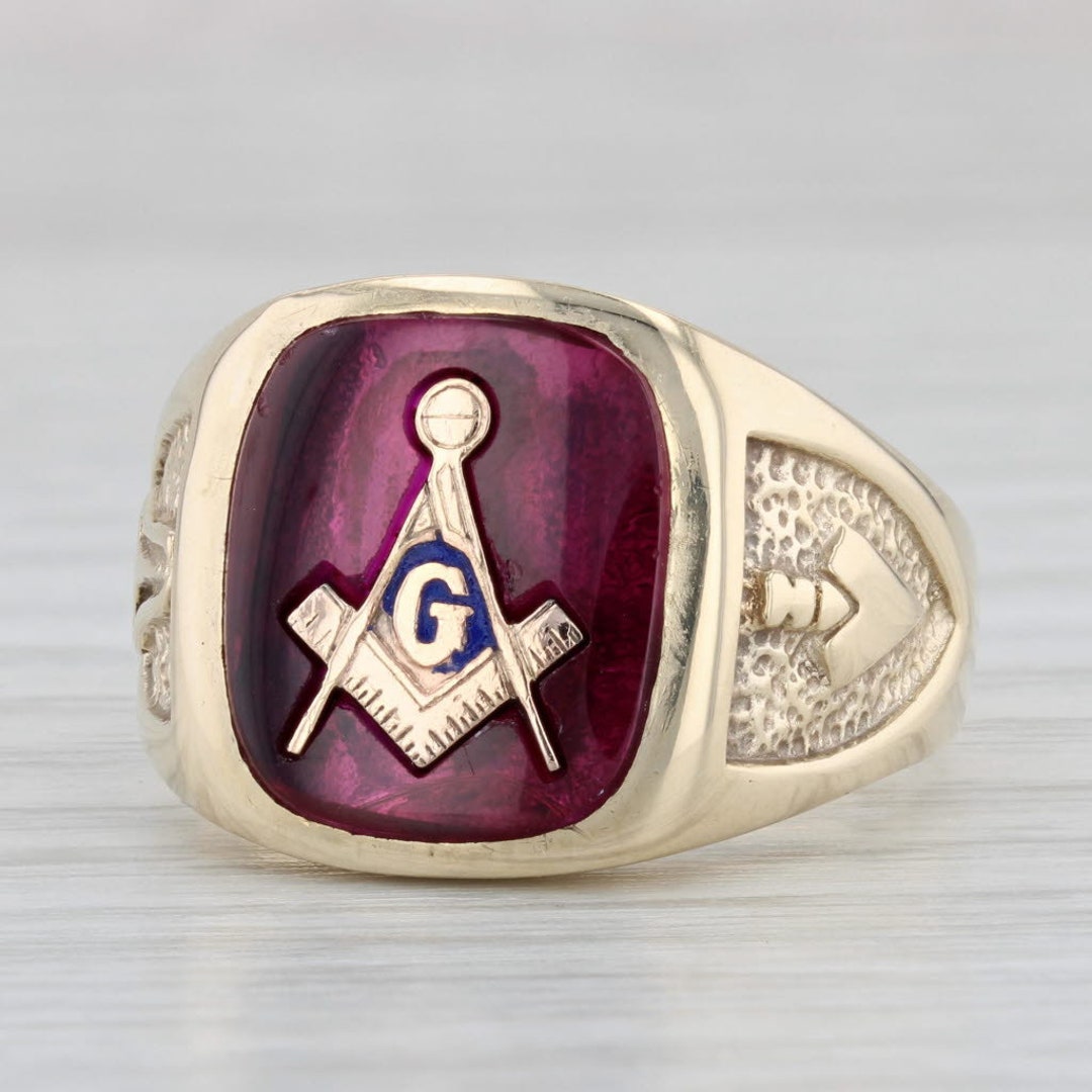 Masonic Signet Ring 10k Gold Lab Created Ruby Blue Lodge Vintage Square ...