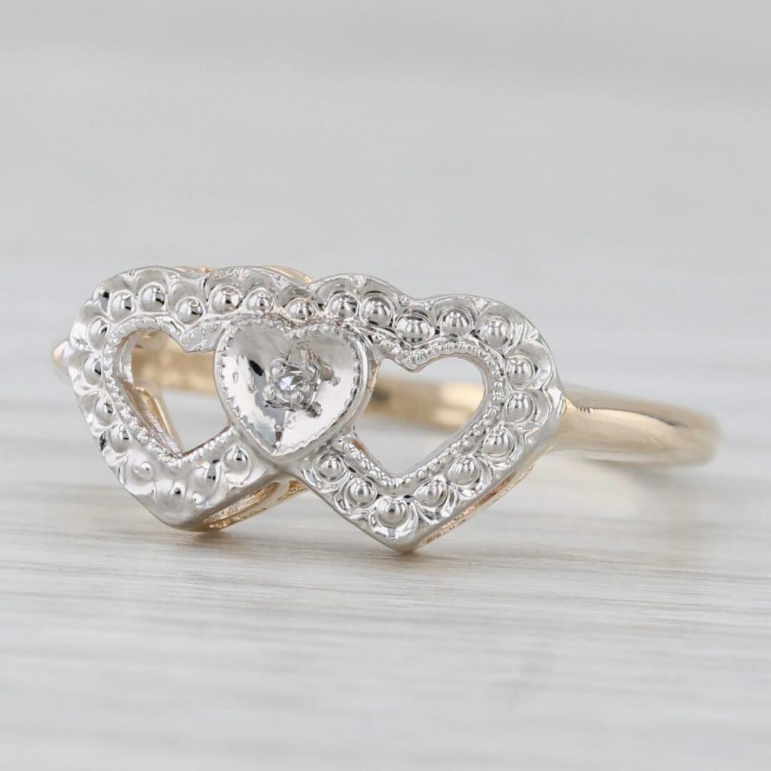 Vintage Diamond Interlocking Hearts Ring 10k White Yellow Gold Size 6. ...