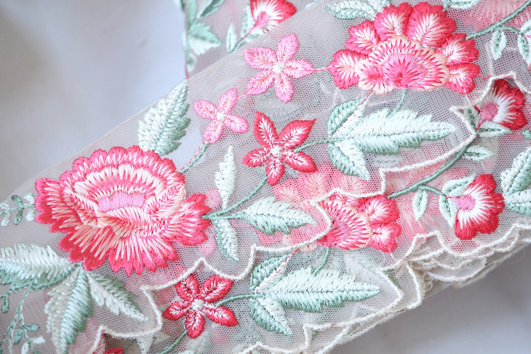 1 Yard-salmon Pink Floral Thread Embroidery Ribbon on Mesh Fabric With ...