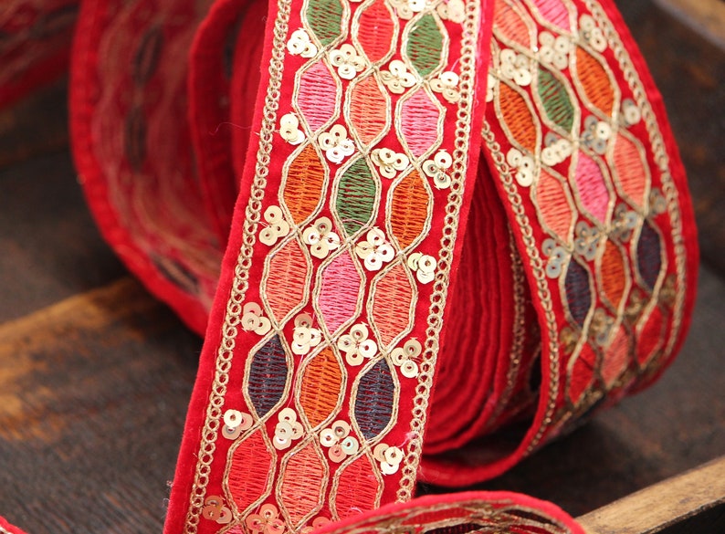Ribbon by the Yard- Red Multicolored Embroidery Ribbon-woven Indian ...