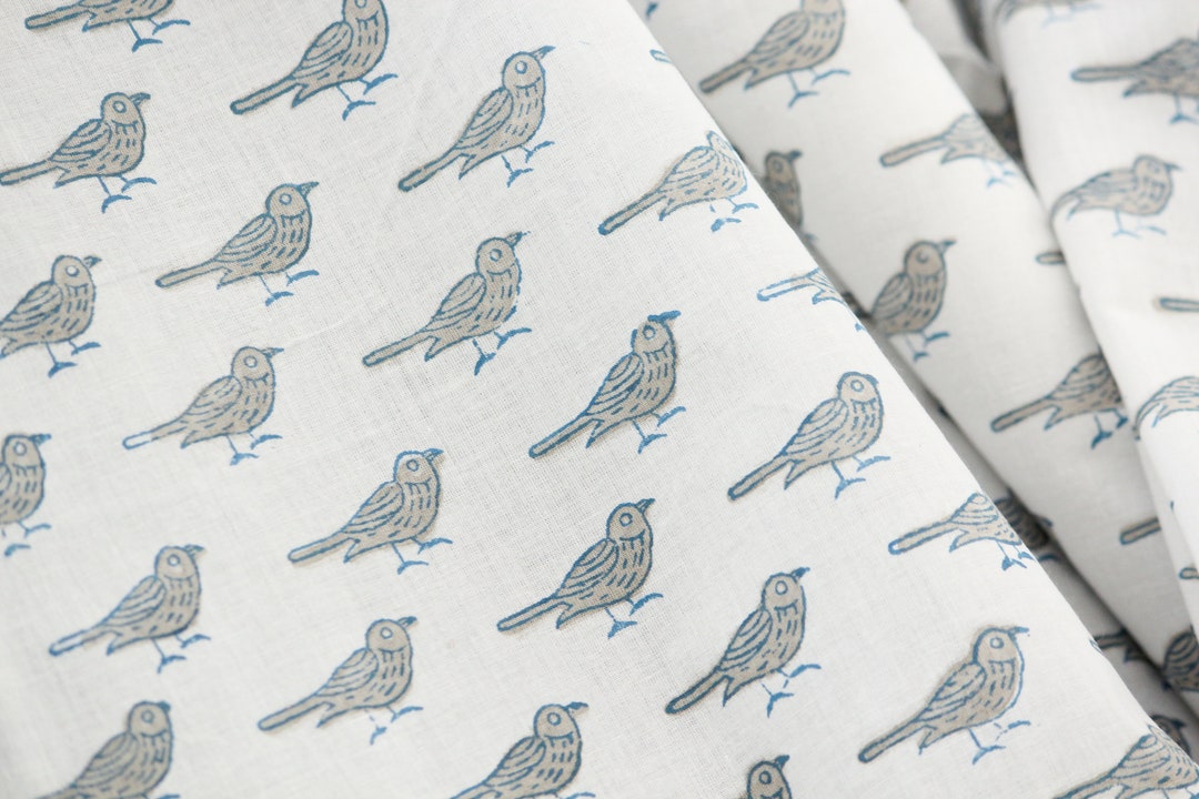 1 Yard-beige Navy Bird Motif Hand Printed Cotton Fabric-sparrow Bird ...