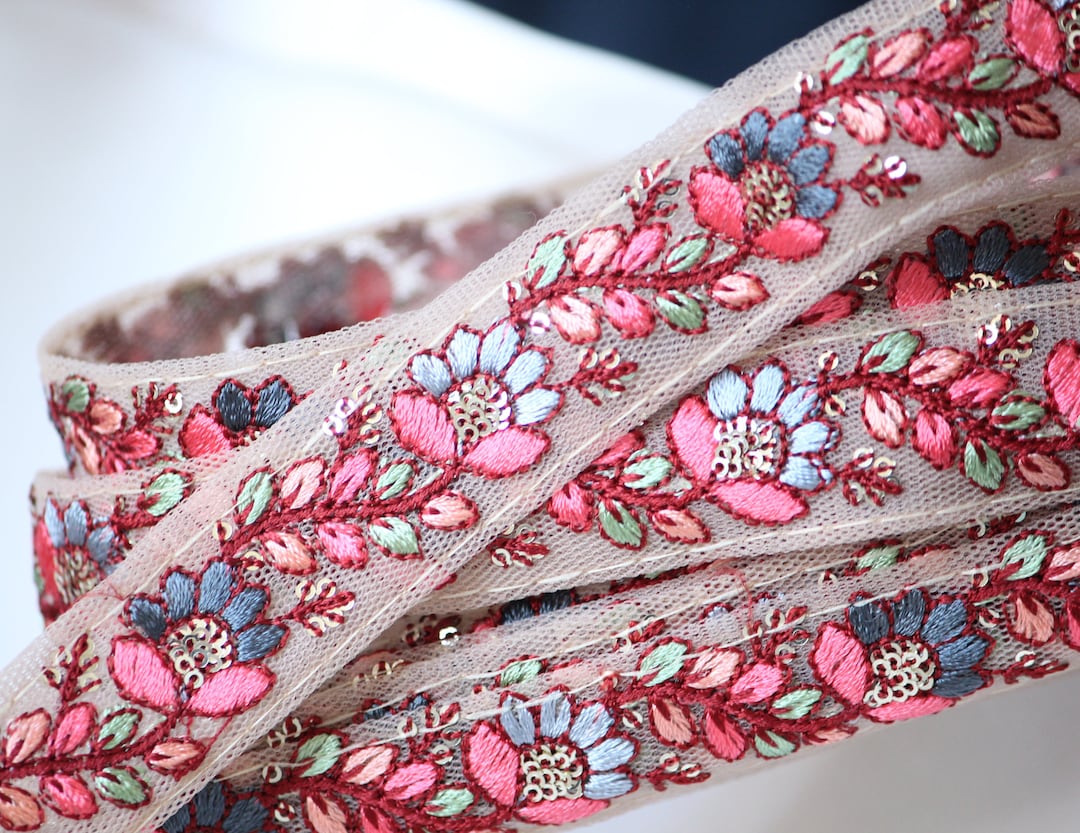 1 Yard- Rose Pink Floral Thread Embroidery Extra Wide Ribbon on Nude ...