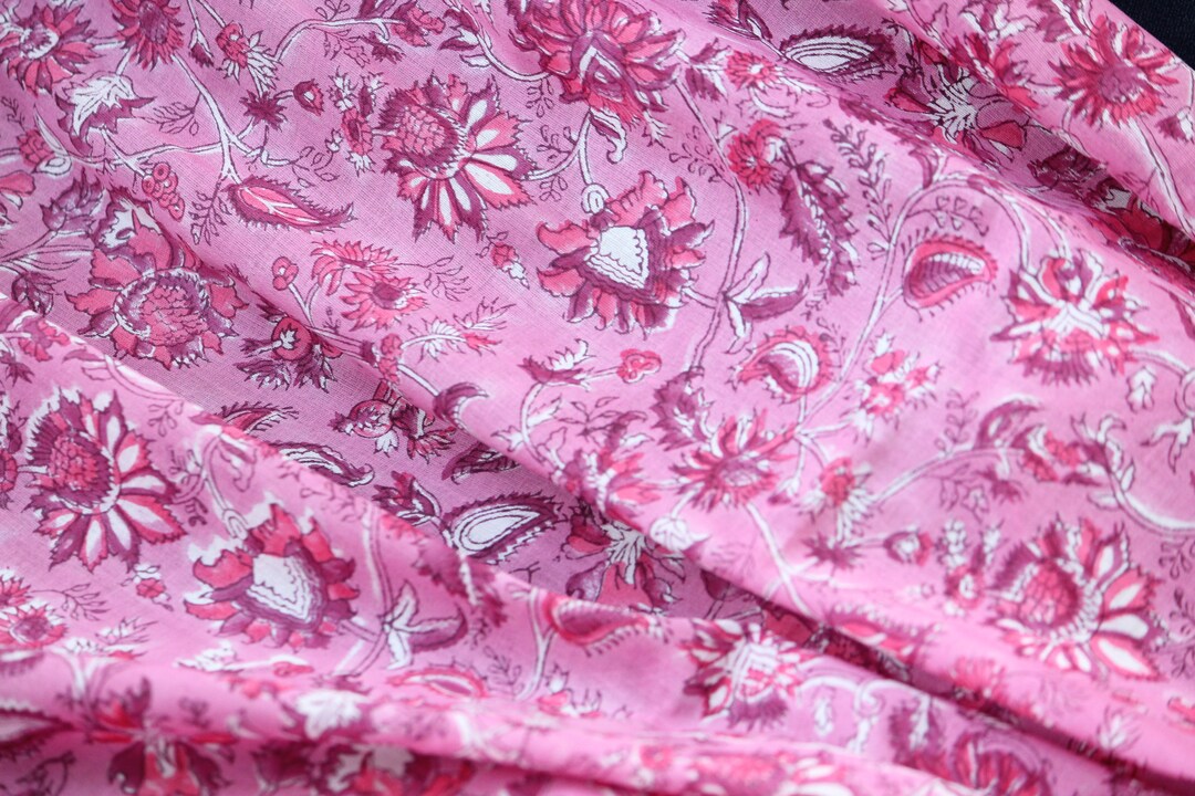 1 Yard-sugar Candy Pink Floral Motif Hand Printed Cotton Fabric-maroon ...