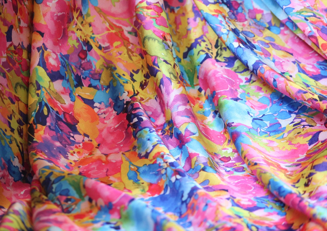 1 Yard-colorful Floral Print Water Color Flower Print Satin Charmeuse ...