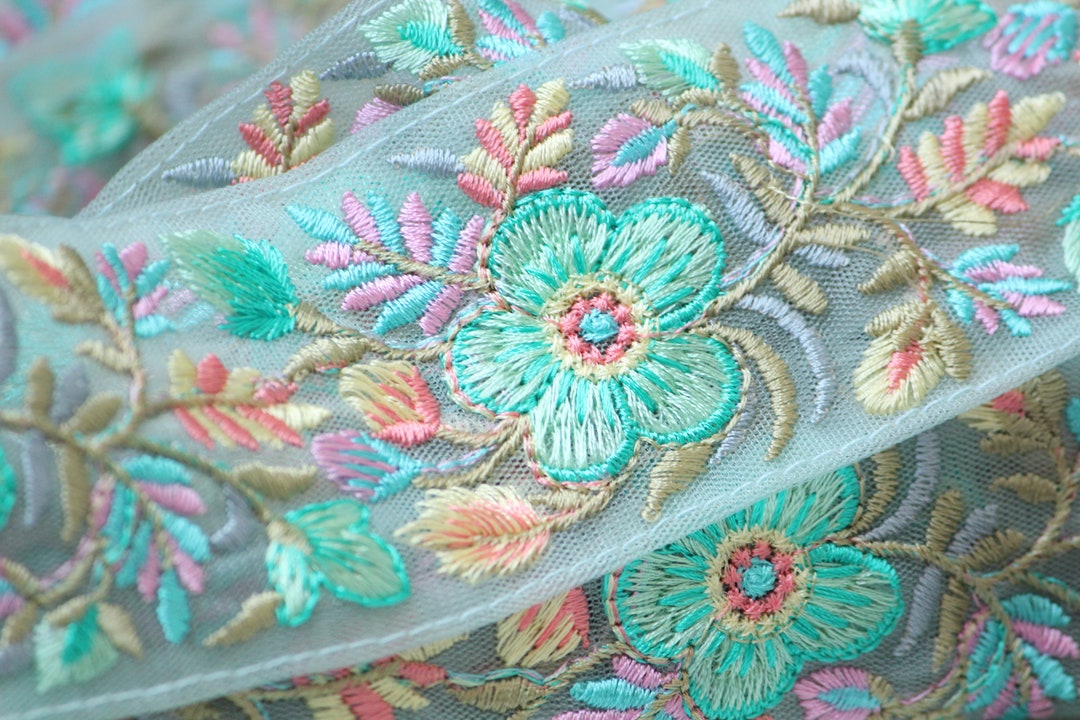 1 Yard-bright Minty Floral Thread Embroidery Ribbon on Mesh Fabric With ...