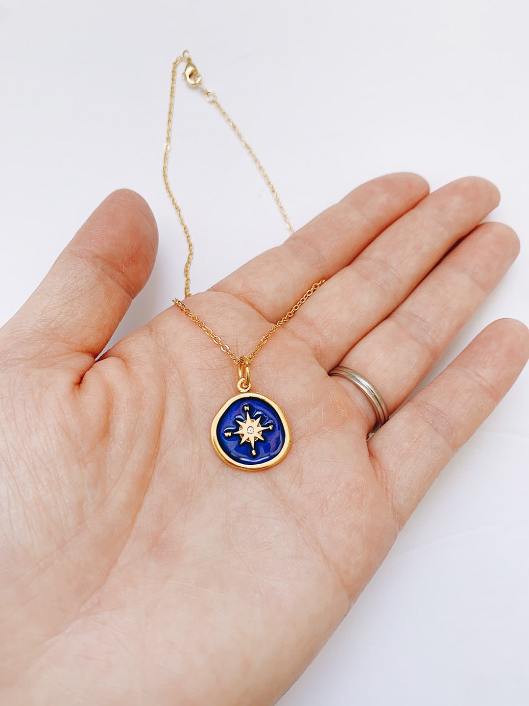 Blue Enamel Compass Necklace: 24k Gold Plated Polaris Star Medallion - Etsy