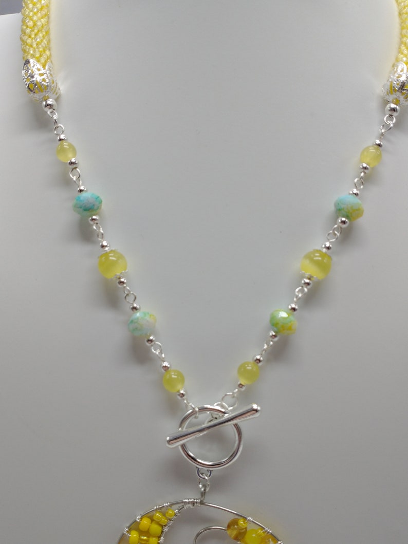 Yellow Bead Crochet Necklace Set,wire Wrapped Pendant,dangle Earrings ...