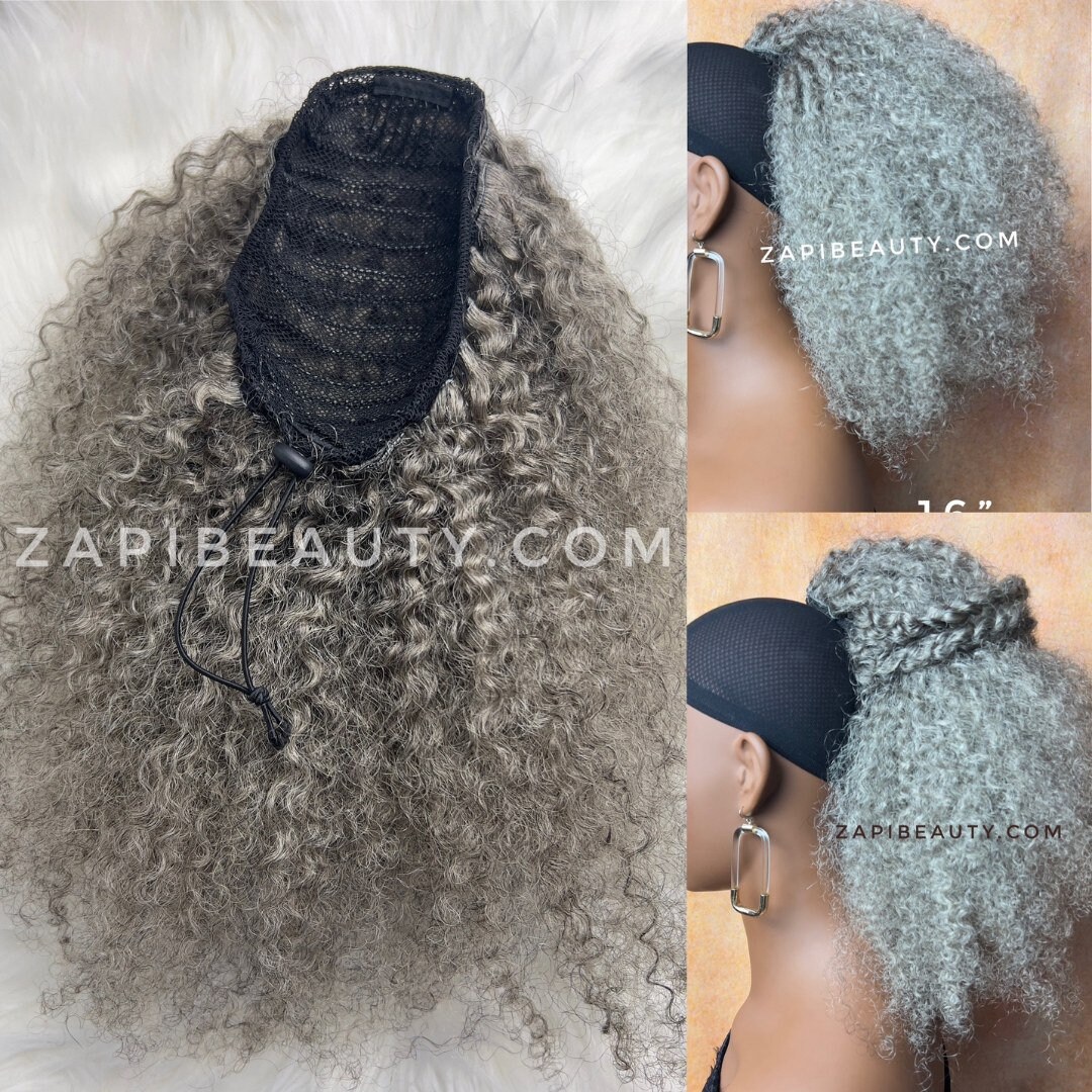 16-inch 4A Afro Curly Human Hair Ponytail Wig Gray Salt & Pepper ...