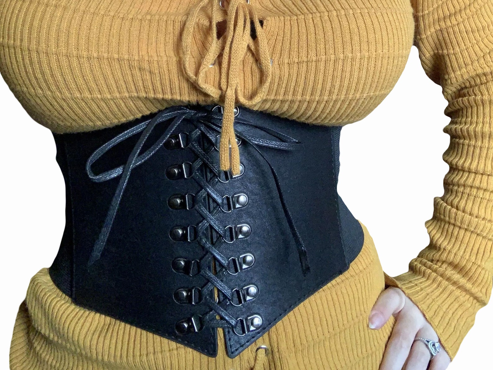 Underbust Leather Front Lace Up Corset Black Corset Belt Etsy