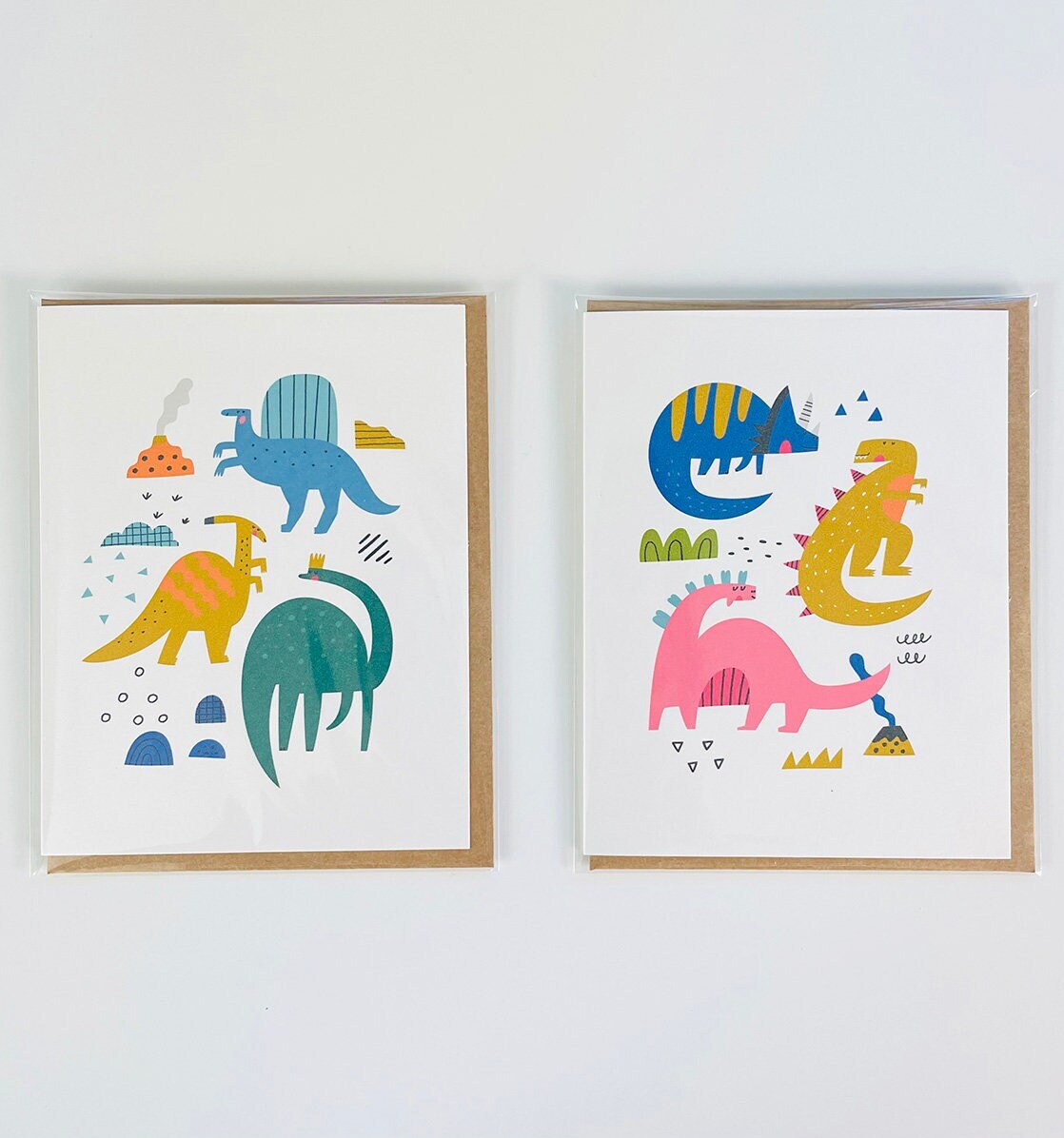 2 Dinosaur Cards Dinosaur Birthday Cards for Kids Cute Dino Cards Fun ...
