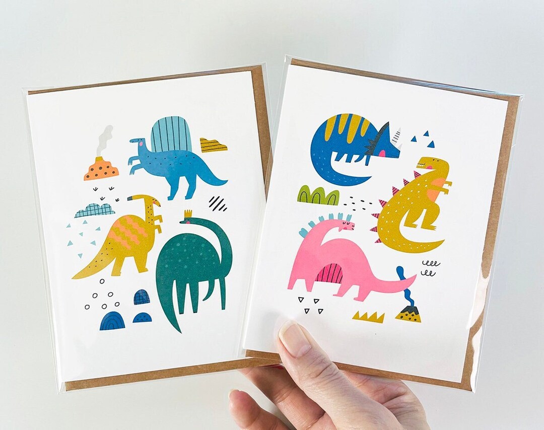 2 Dinosaur Cards Dinosaur Birthday Cards for Kids Cute Dino Cards Fun ...