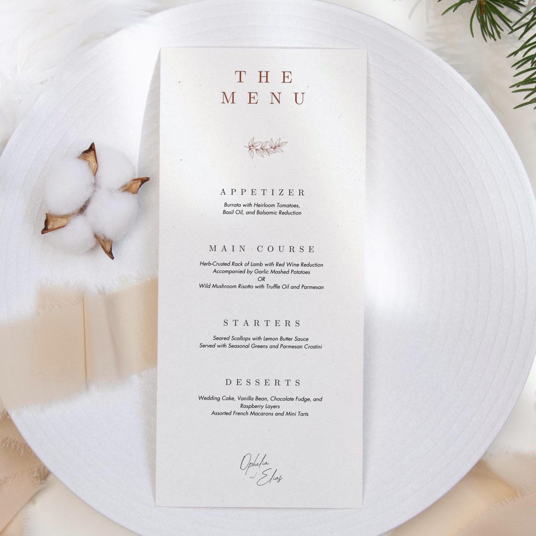 Customizable Clean Wedding Dinner Menu, Elegant Reception Table Card ...