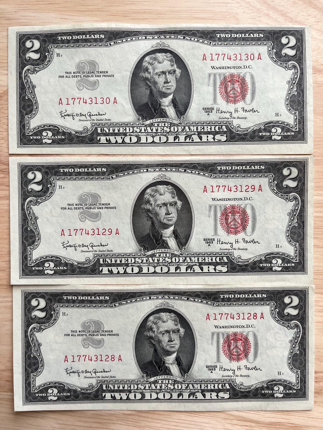 Three (3) - Uncirculated Sequential Red Seal Two Dollar Bills - Etsy