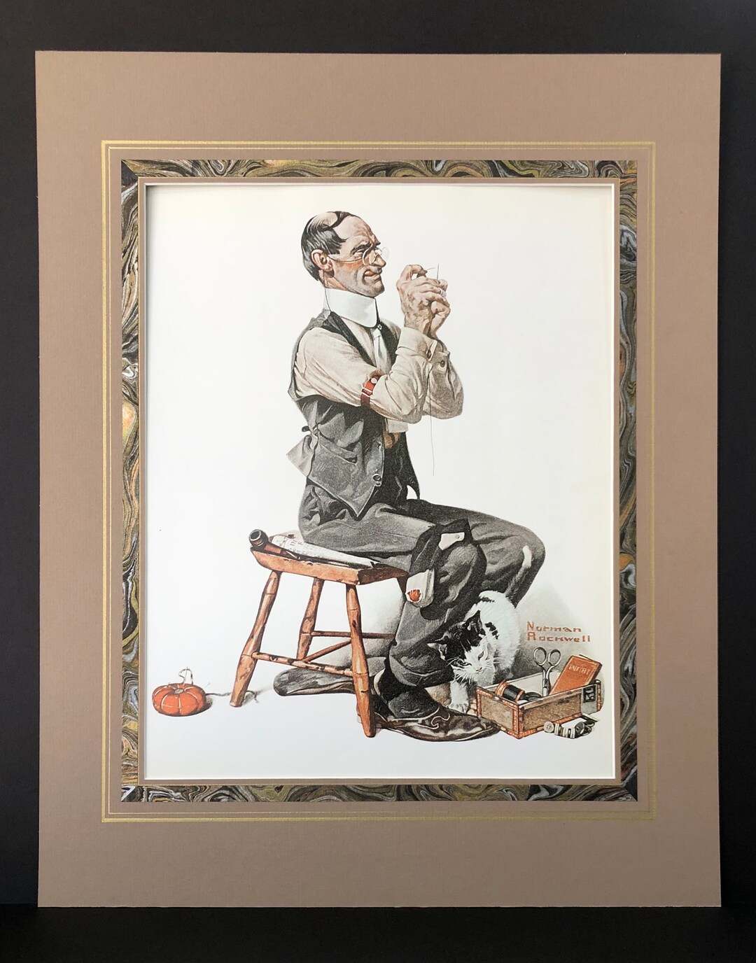 Norman Rockwell Favorites Man Threading a Needle, Custom French Matted ...