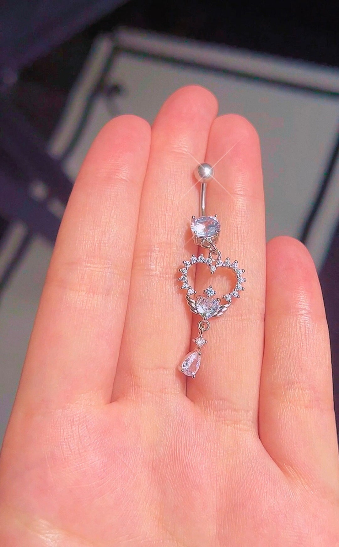 Long Heart Dangle Belly Piercing | Dangly Sparkly Belly Button Ring - Etsy