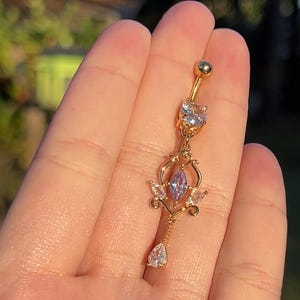 Gold Dangly Belly Button Piercing, Elegant Long Navel Jewelry Piercing, Cute Drop Belly Button ...