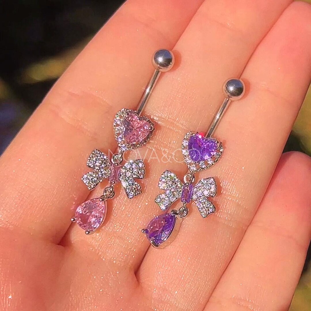 Coquette Dainty Bow Aesthetic Belly Button Ring - Pink Silver Belly Bar ...