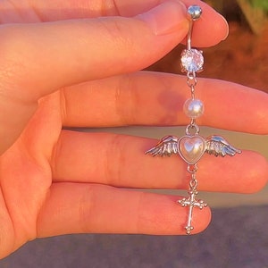 Angel Belly Button Piercing | Coquette Cross Dainty Minimalist Belly ...