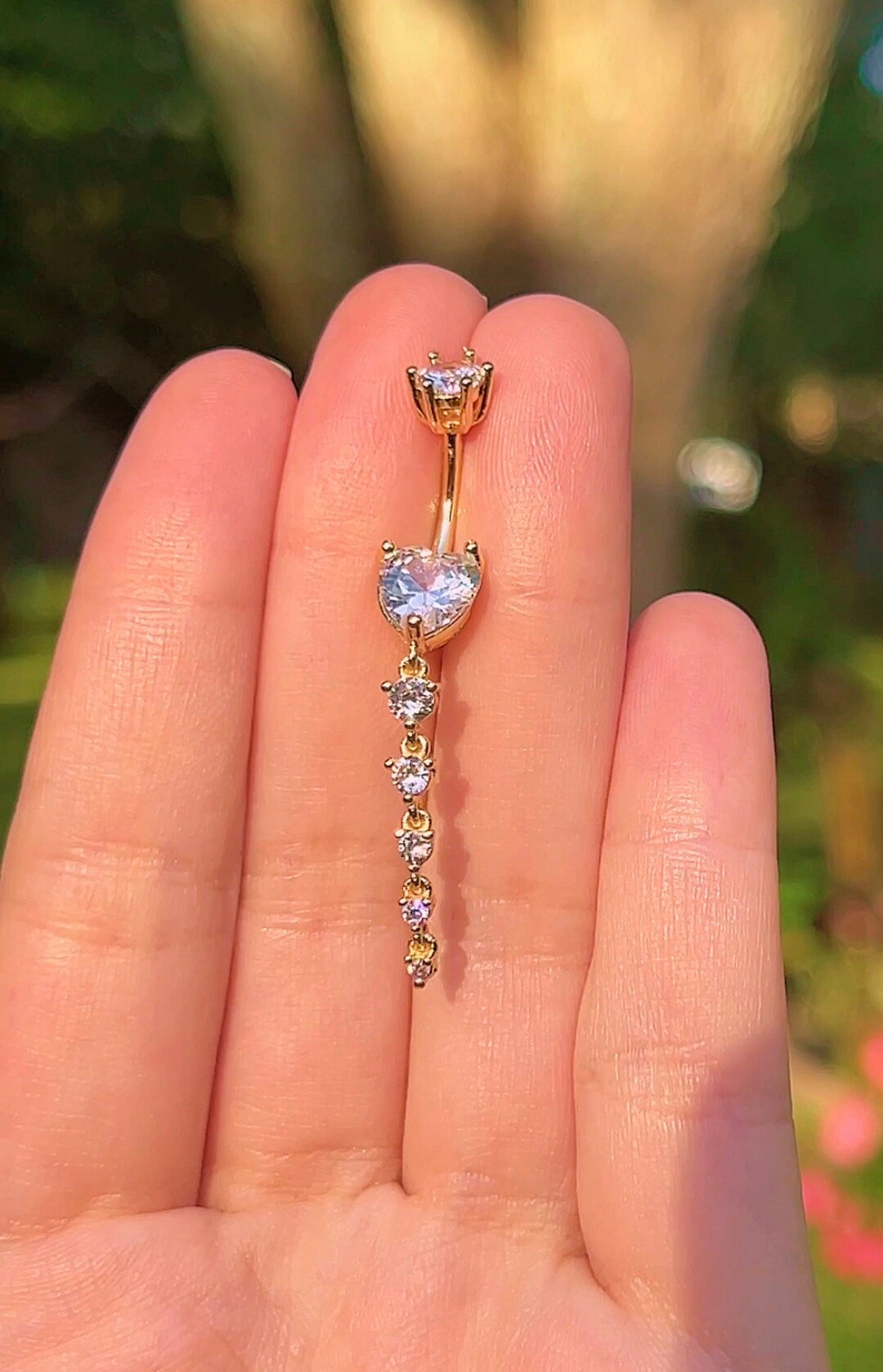 Long Dangle Heart Belly Ring | Gold Belly Button Piercing, Elegant Long ...